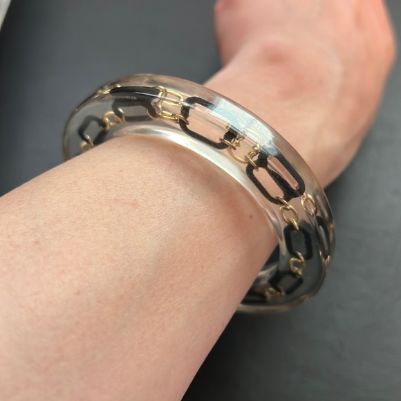Jewelry | Vintage Lucite Bangle Clear With Black Gold Chain Retro Boho ...